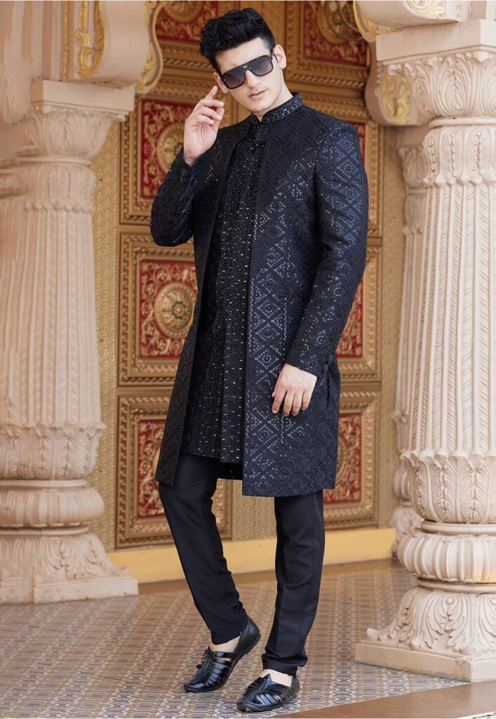 Embroidered Art Silk Jacket Style Sherwani in Black – Jodhpuri Galax