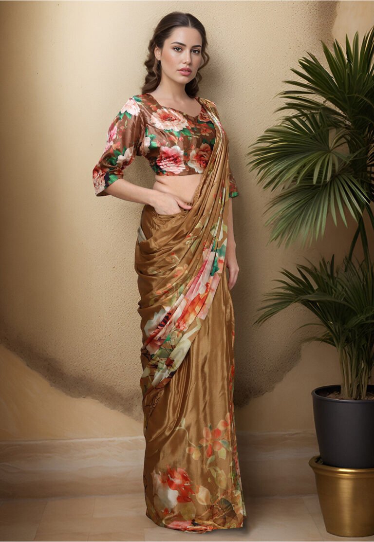 Pre-stitched Crepe Saree in Brown – Jodhpuri Galax